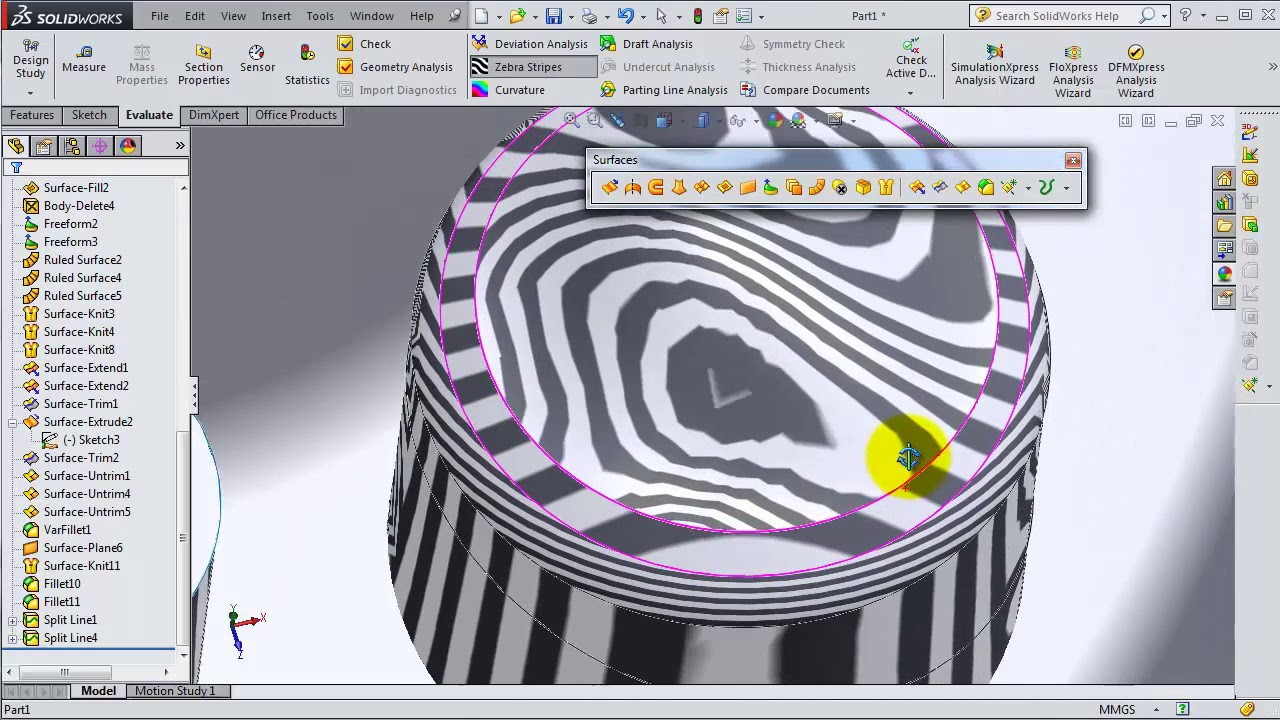 093 SolidWorks 2014 Surface Tutorial Zebra Stripes for surface quality ...
