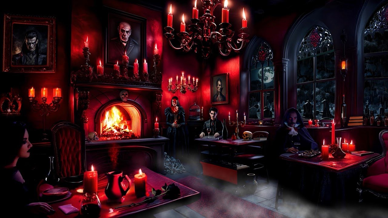 VAMPIRE BLOOD PARLOR-HALLOWEEN AMBIENCE-COZY FIREPLACE-THUNDER & RAIN ...