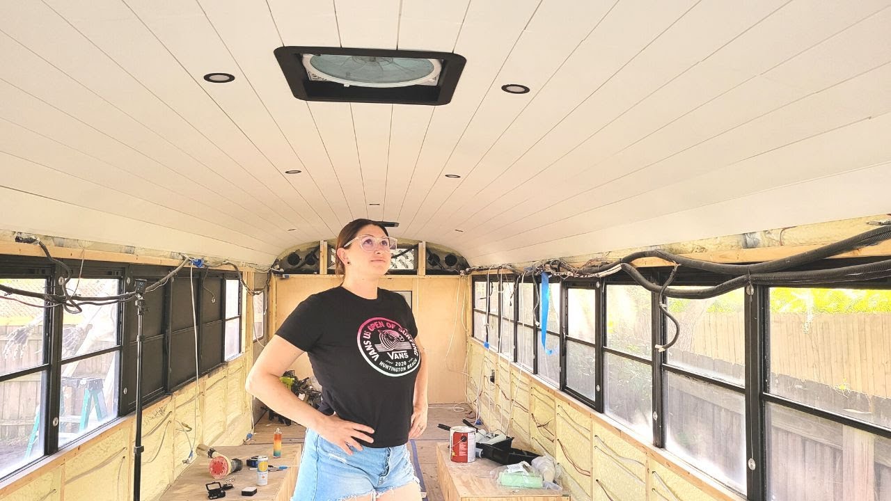 SKOOLIE Shiplap Ceilings are in! | School Bus Conversion - YouTube