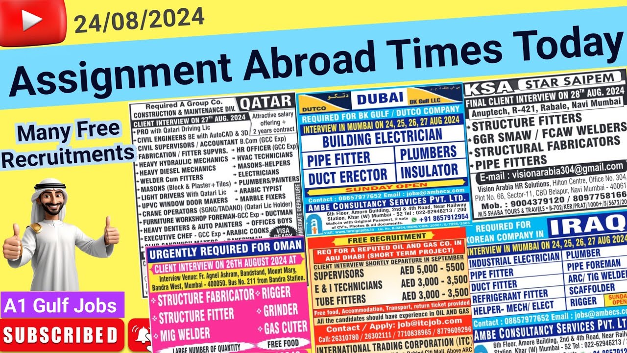 Assignment Abroad Times Today Newspaper 24/08/2024, gulf job vacancy ...