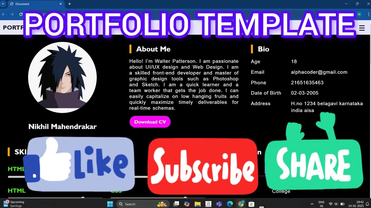 Portfolio Template with animations using HTML CSS and JAVASCRIPT - YouTube