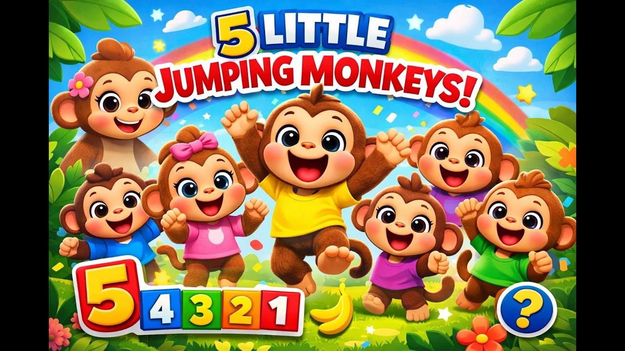 5 Little Jumping Monkeys 🐵 | Counting Song for Kids | Fun Animal Action ...