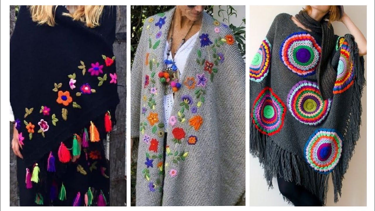 Very decent and stylish pancho crochet with embroidery hand made ...