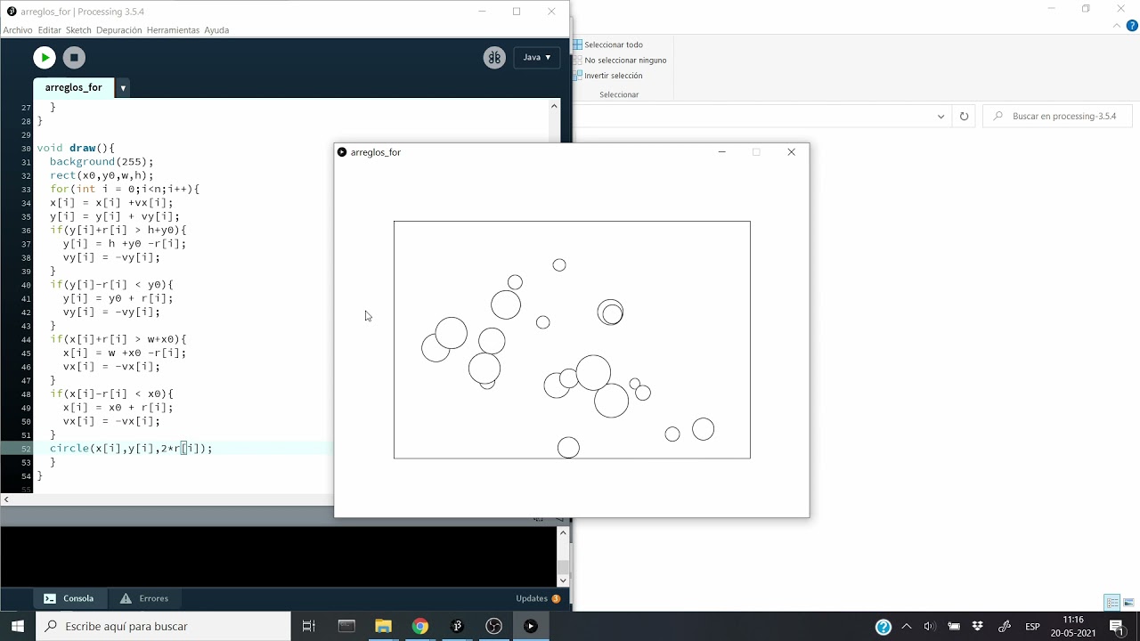 Programación en Processing, arreglos y ciclo for, desafios - YouTube