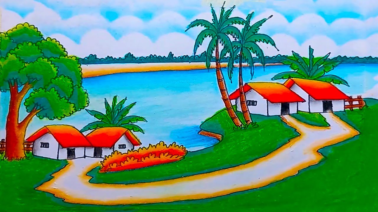 How to Draw Beautiful Landscape Village Scenery || Indian Village ...