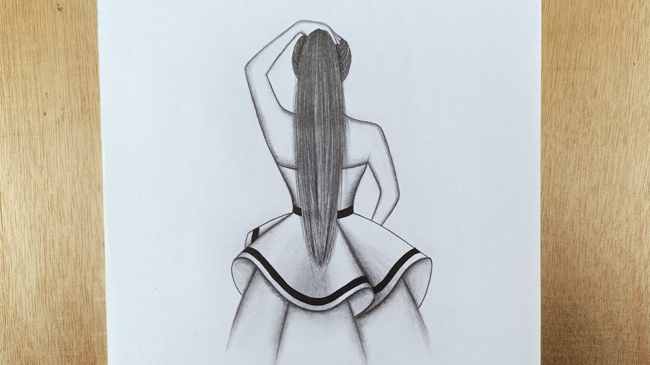 How to draw a girl with long hair backside - Step by step | Pencil ...