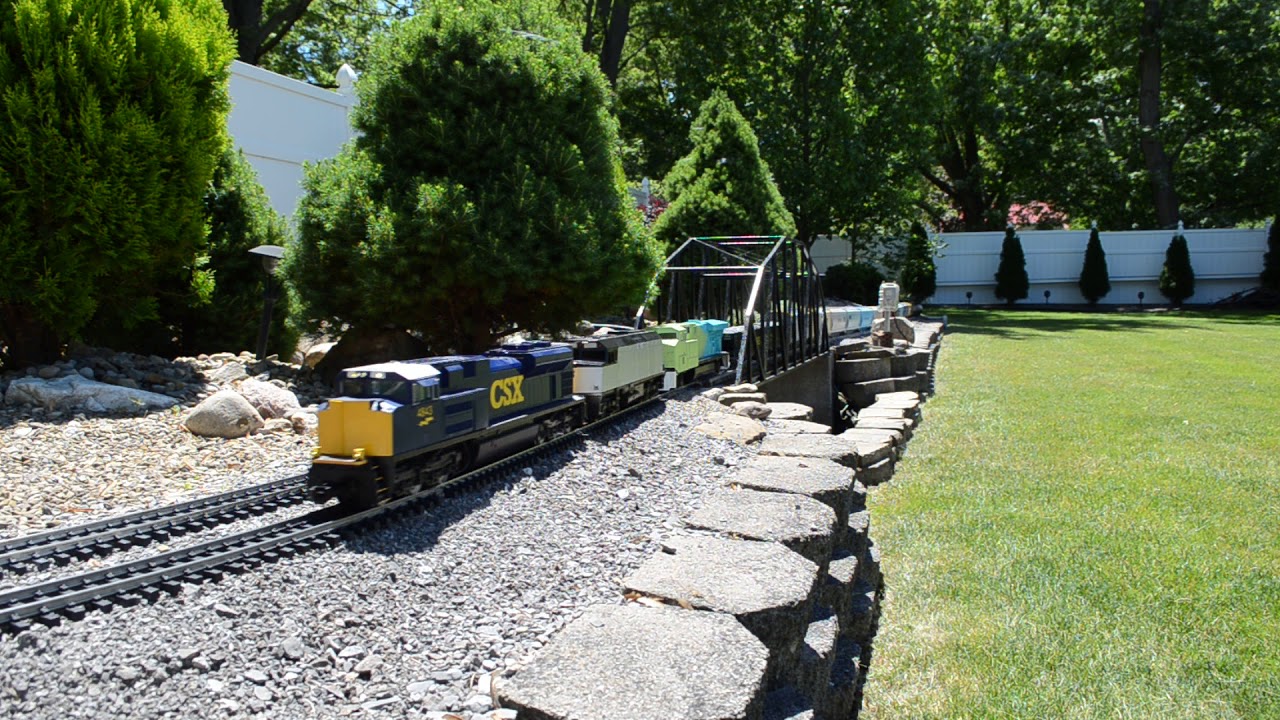 3 scratch built G scale engines over new scratch built bridge - YouTube
