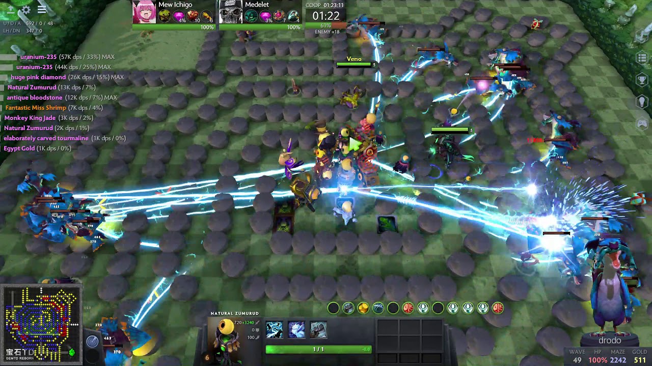 GemTD Dota 2 Coop 2P 5 MVP wave 55 704 kills Fantastic Miss Shirmp ...