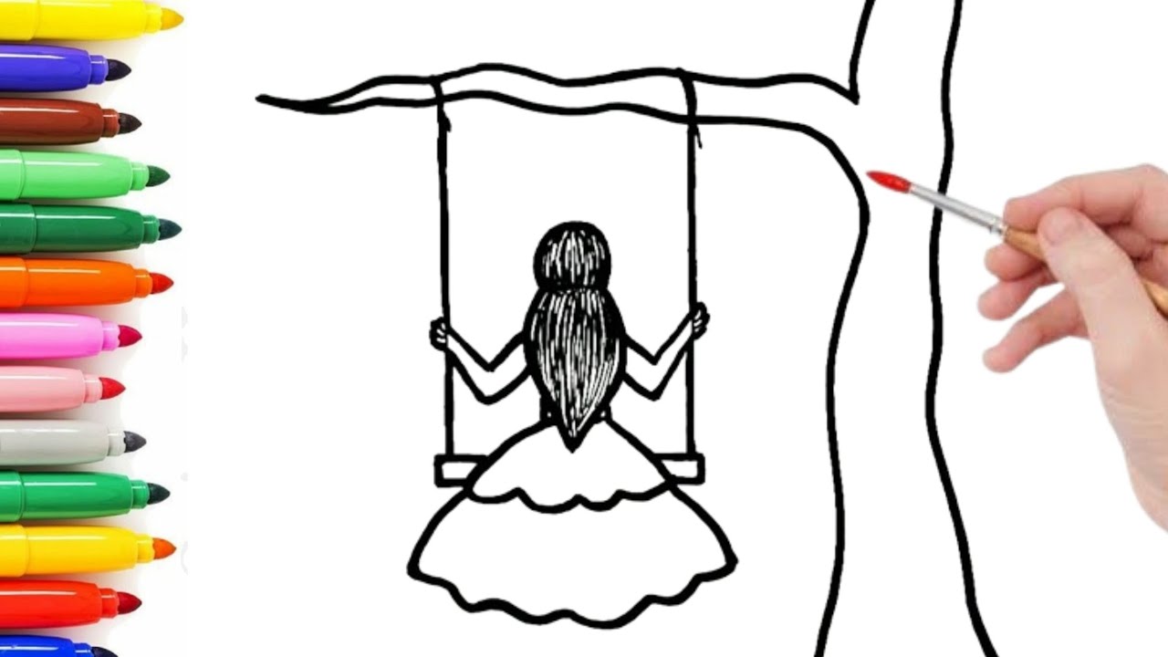 How to Draw A Girl Swinging in a Tree Drawing | Girl Sitting on a Swing ...