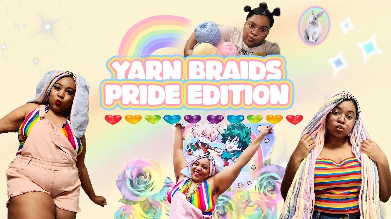 Doing yarn braids with my pride flag for my first pride parade - YouTube