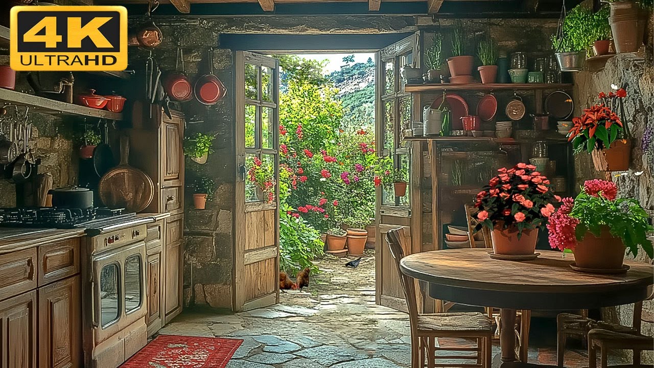 Serene 4K Open Kitchen Porch Surrounded by Flowers in the Countryside ...