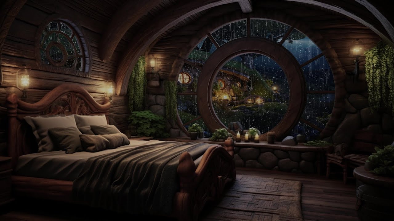 Cozy Hobbit Bedroom - Relaxing Rain and Crackling Fireplace Sounds for ...