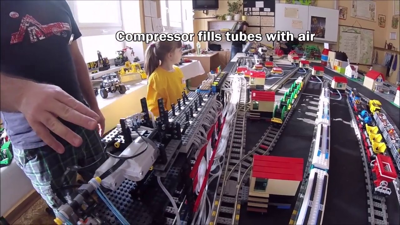 Pneumatic (air-controlled) LEGO train layout - YouTube