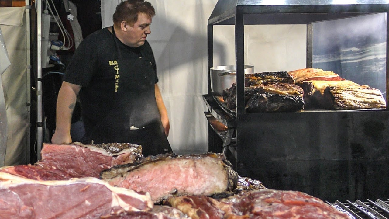 Irish Street Food. Huge Roast Beef Blocks on Grill and Black Angus ...