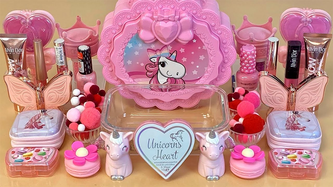 ASMR Slime 💗🔝💤 Mixing ”PINK” makeup, Eyeshadow, glitter into slime ...