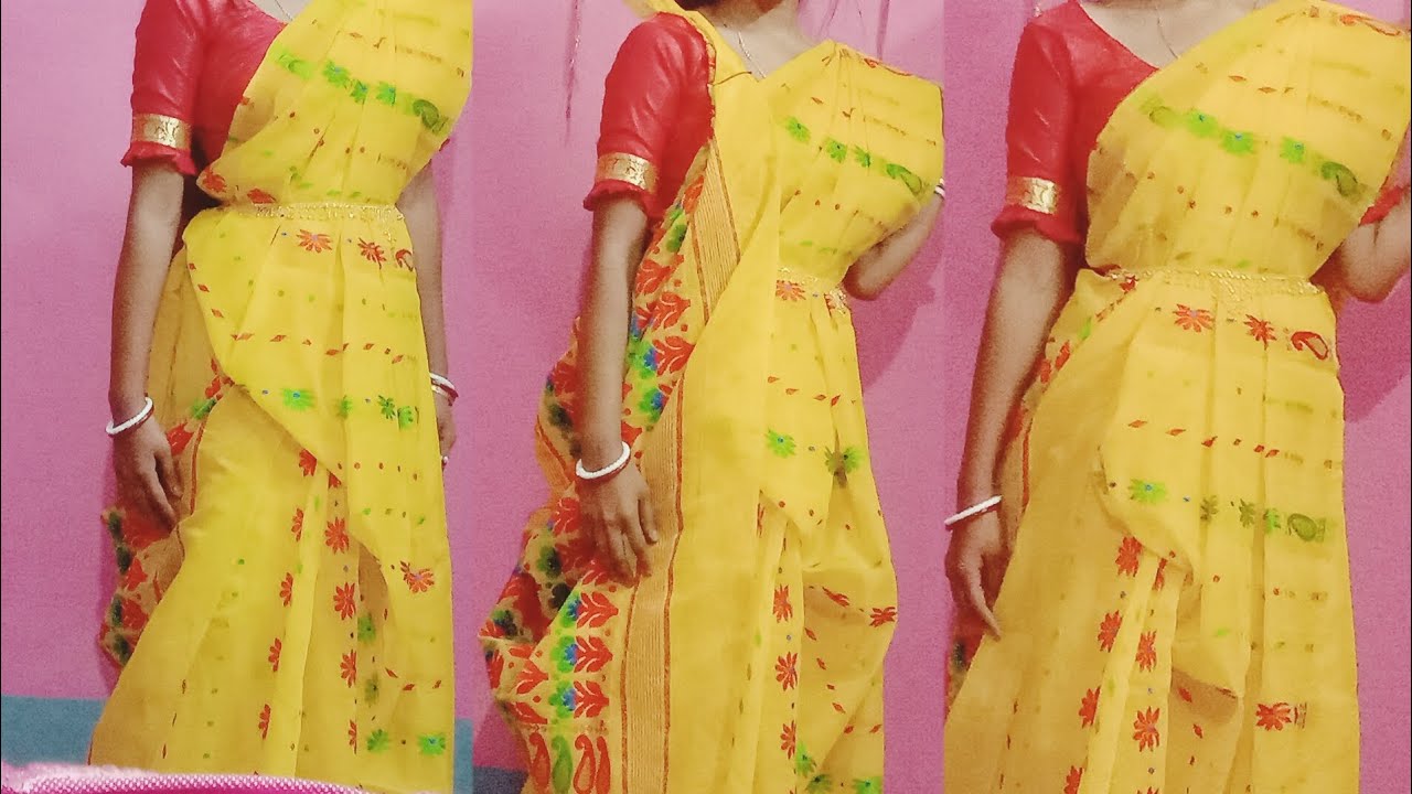 saraswati pujo saree style with yellow jamdani saree ।bengali atpoura ...