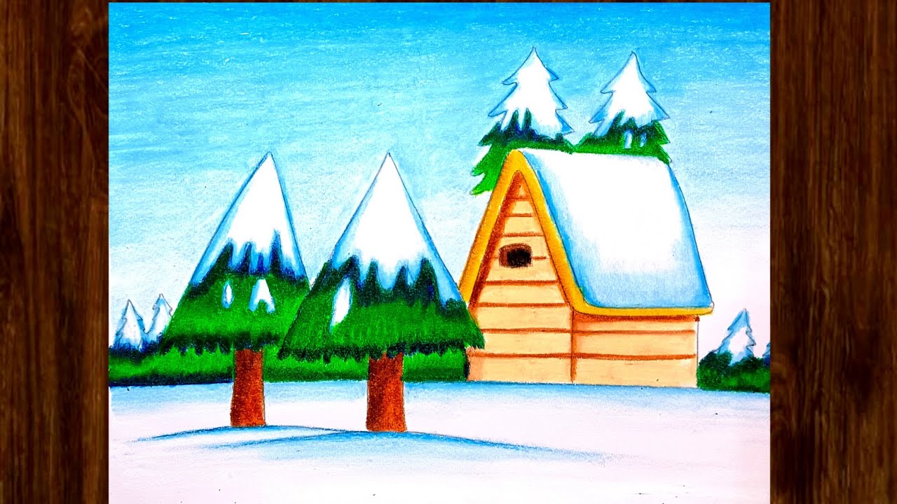 Winter season drawing step by step/Winter scene drawing with oil ...