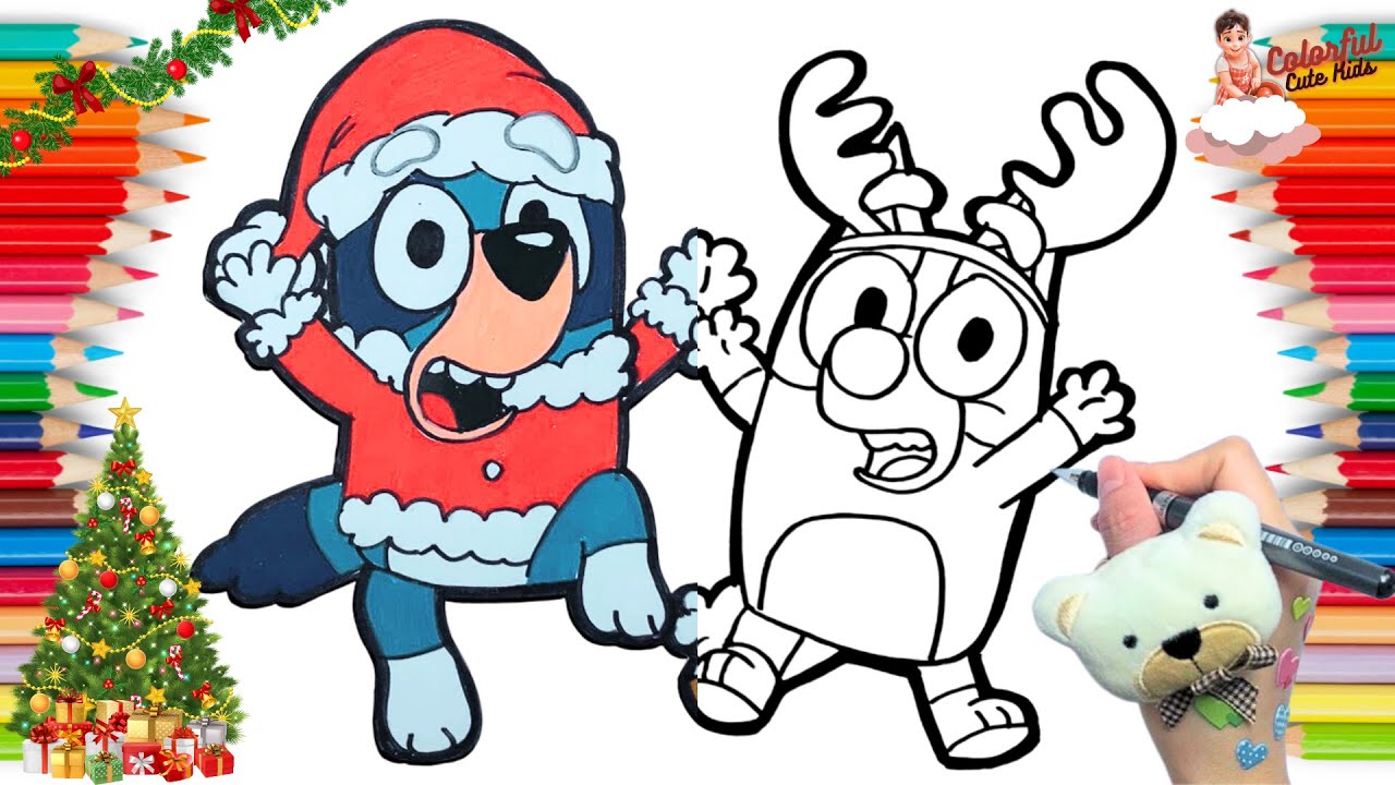 How to Draw and Color Bluey as Santa and Bingo as a reindeer 🎄🎅🏻🦌 ️ ...