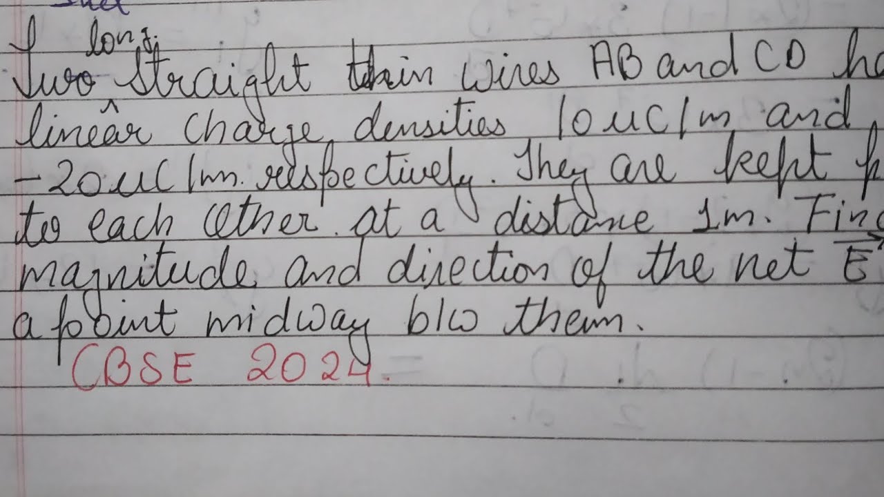 two long straight thin wires AB and CD have linear charge densities 10 ...