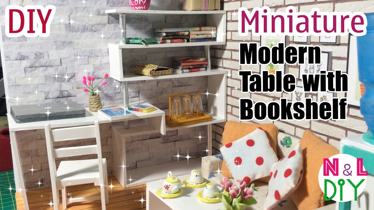 DIY Miniature Modern Table with Bookshelf | Dollhouse - YouTube