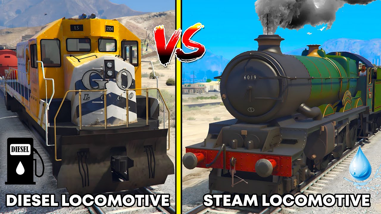 GTA 5 : DIESEL LOCOMOTIVE FREIGHT TRAIN VS STEAM LOCOMOTIVE TRAIN ...