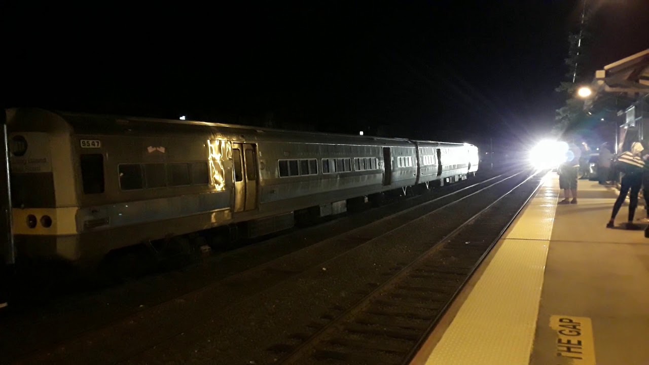 Long Island Railroad: DE30AC #420 & C3 BiLevel #4057 arriving at Riverhead [next to M1 #9547 ...