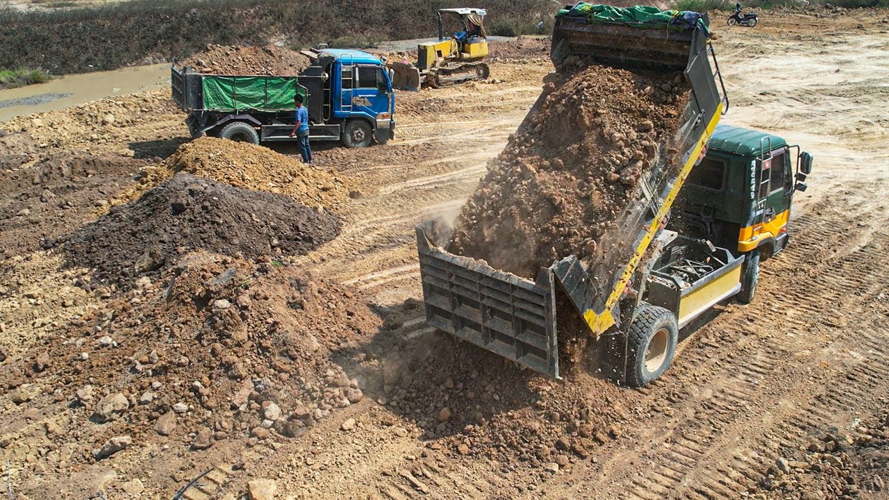 Wonderful New Project With Bulldozer Pushing Soil Anh 5Tons Dump Truck ...