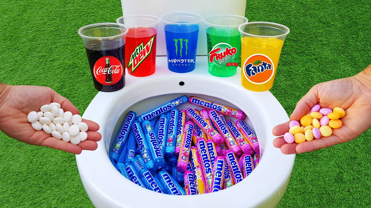 Experiment !! Fruity Mentos VS Mentos, Cola, Monster, Fanta, Mtn Dew ...