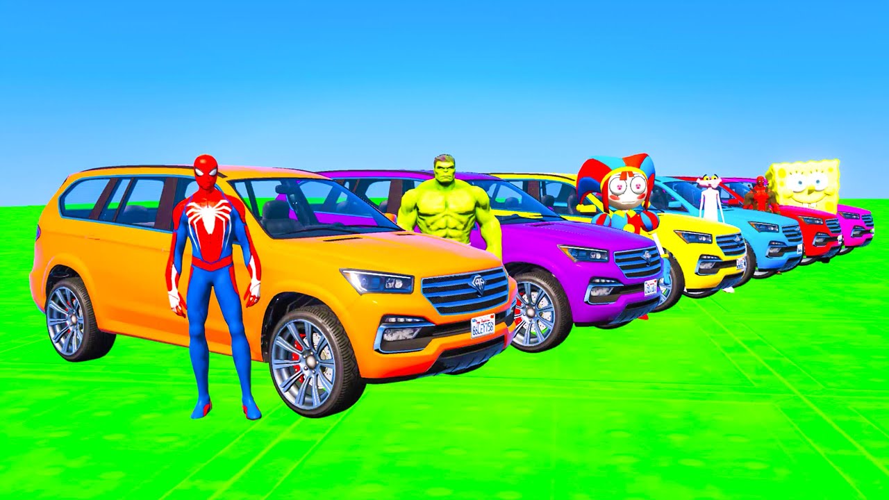 FLATBED TRAILER TRANSPORTING COLOR SUV with TRUCKS | SPIDERMAN VS HULK ...
