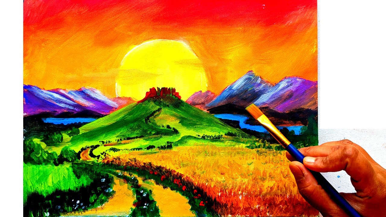 Sunset on mountains and meadow | Acrylic Landscape Painting for ...
