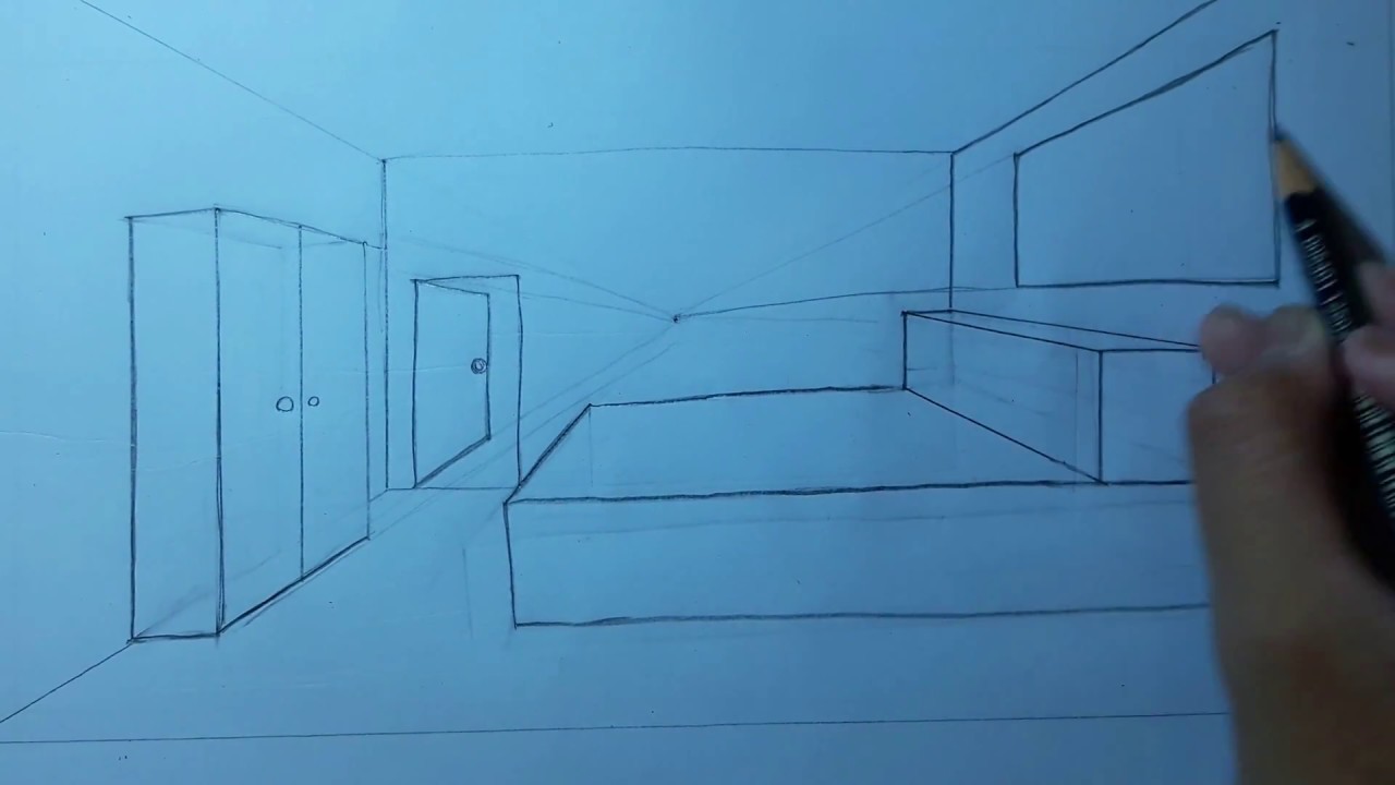 how to draw bedroom with 1 point perspective. - YouTube