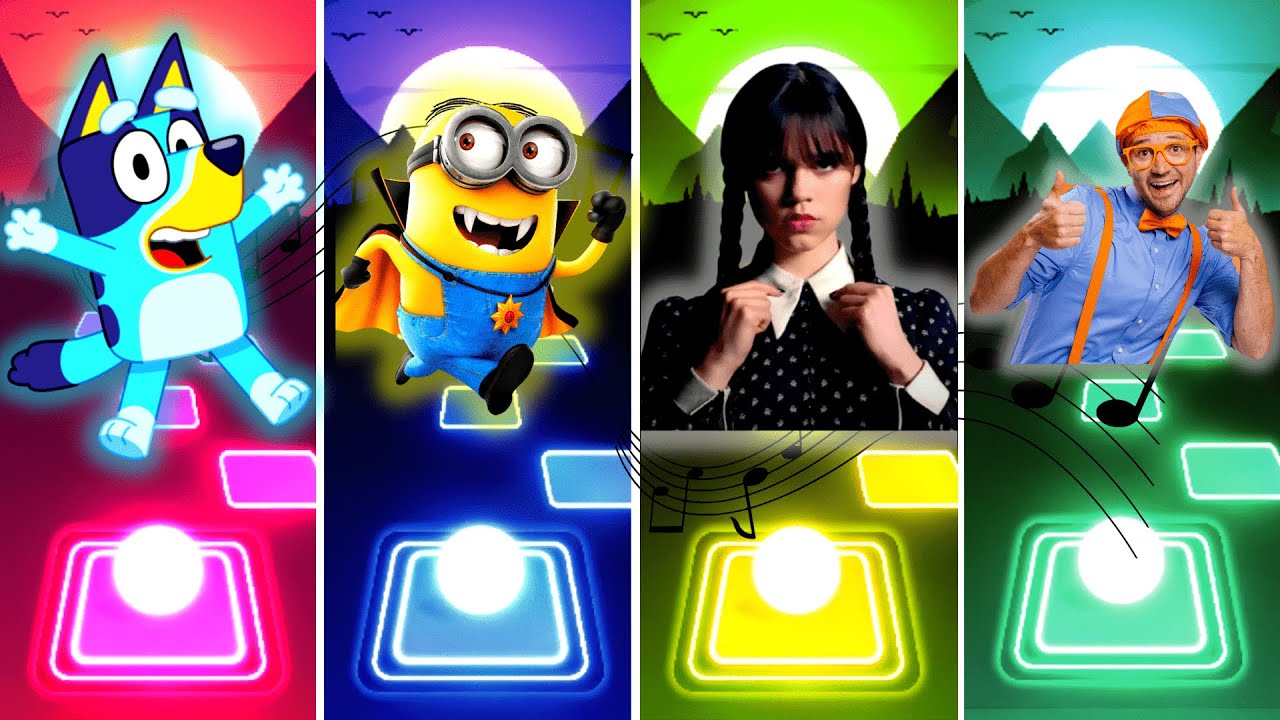 Bluey vs Minions vs Wednesday Blood Mary Tiles Hop EDM Rush - YouTube
