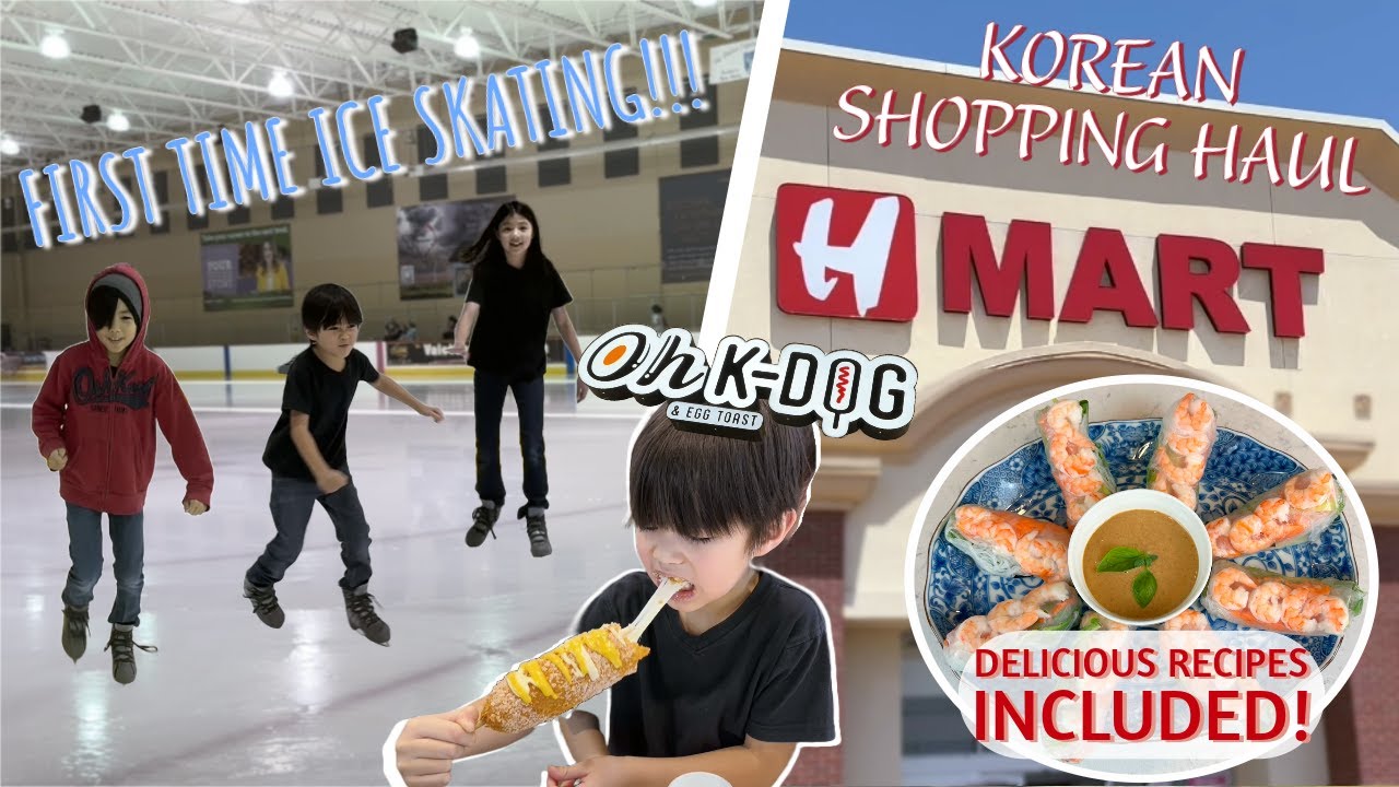BIG FAMILY fun day vlog - first time ice skating, HMART shopping haul ...