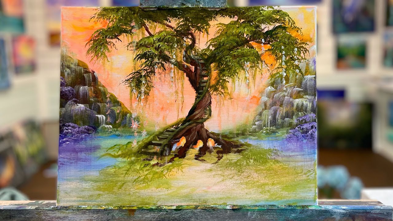 How To Paint A Fantasy Tree Landscape! acrylic step by step painting ...