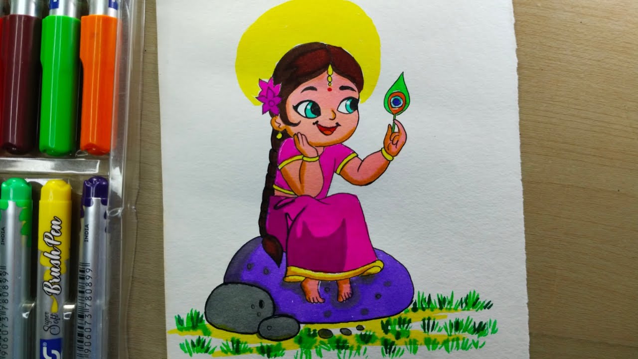 Cartoon cute Radha Rani Drawing for beginners💞| step by step🥰 | with ...
