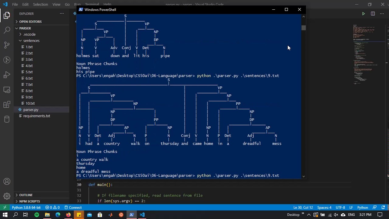CS50ai project 6a: Parser (parse sentences and extract noun phrases ...