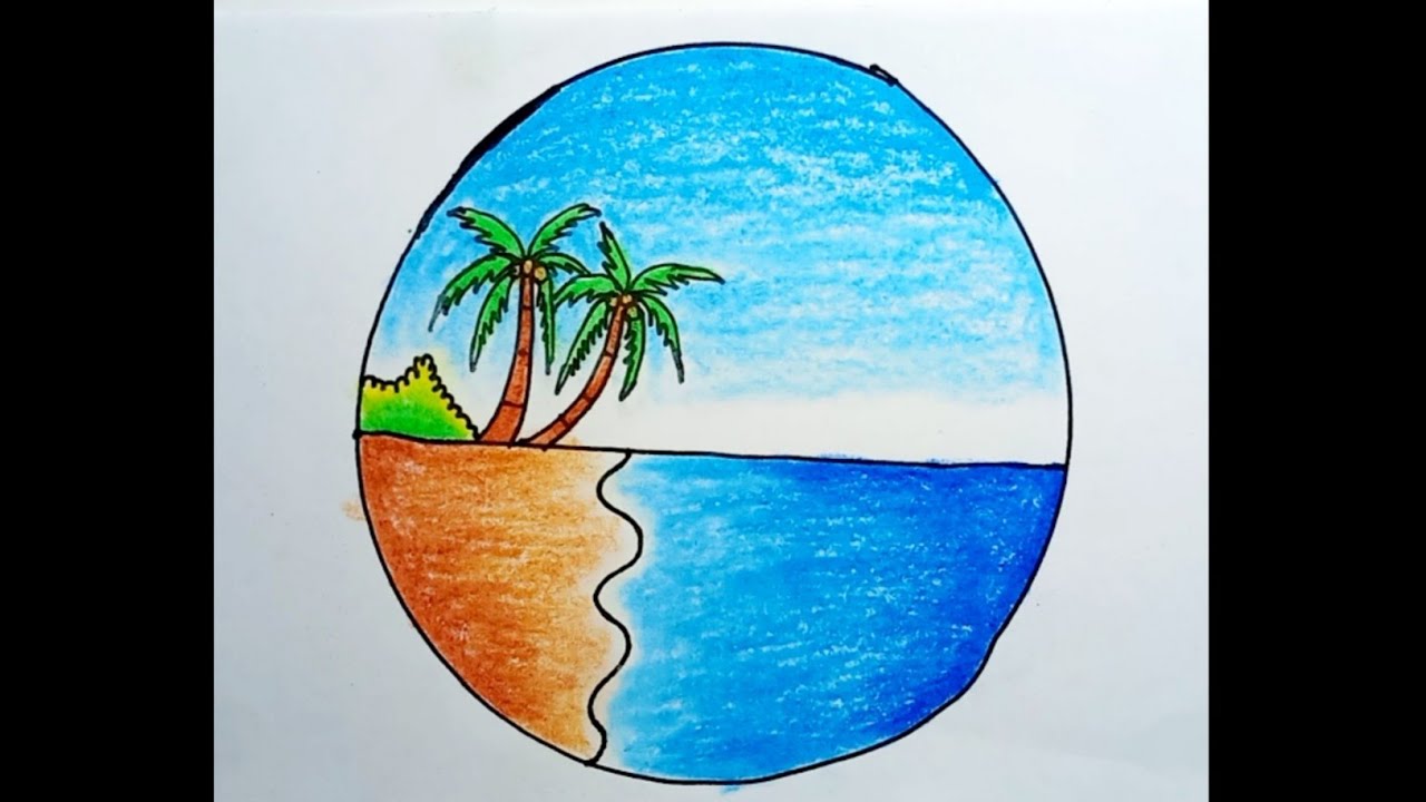 How To Draw Beach Landscape |Drawing Beach Scenery In A Circle - YouTube