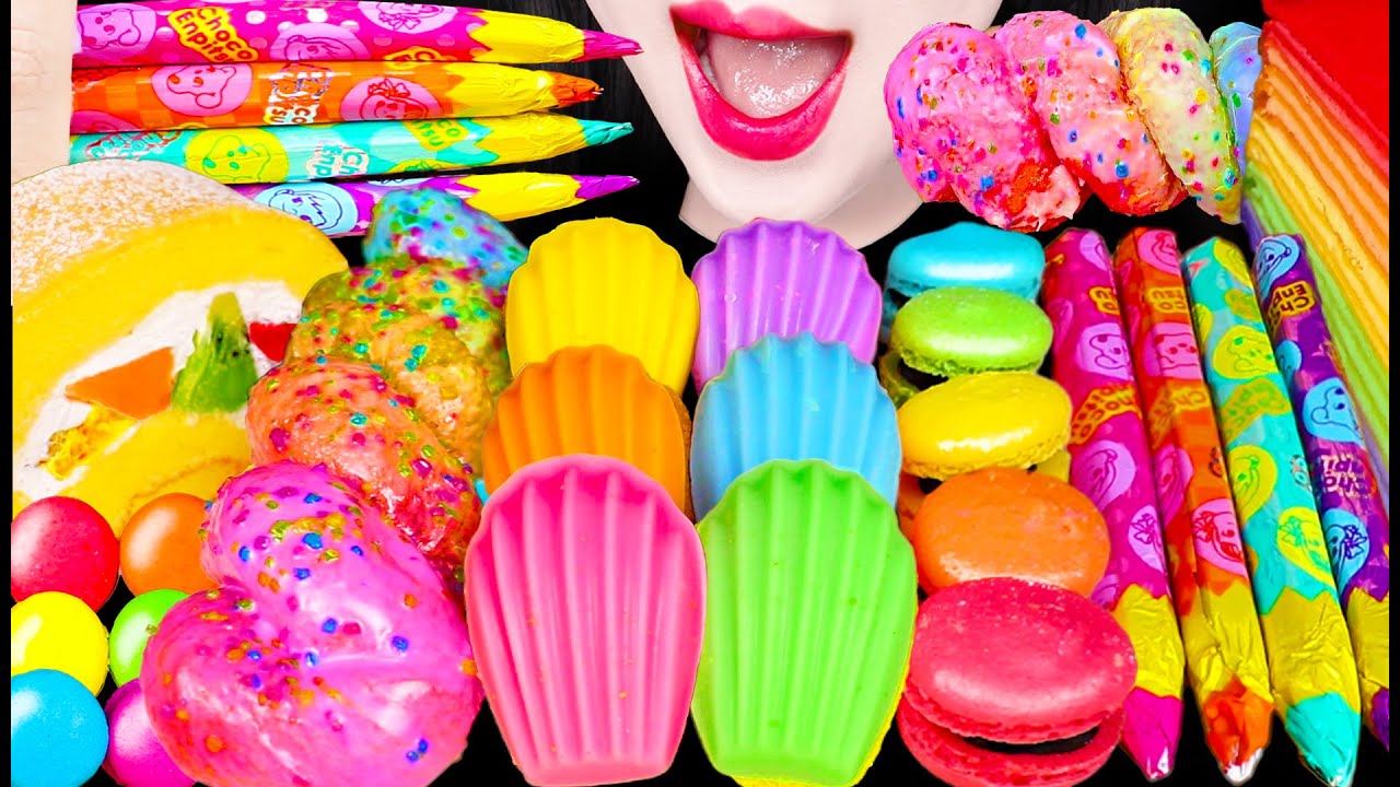 ASMR RAINBOW DESSERTS EDIBLE CRAYON 먹는 색연필 MUKBANG 먹방 - YouTube