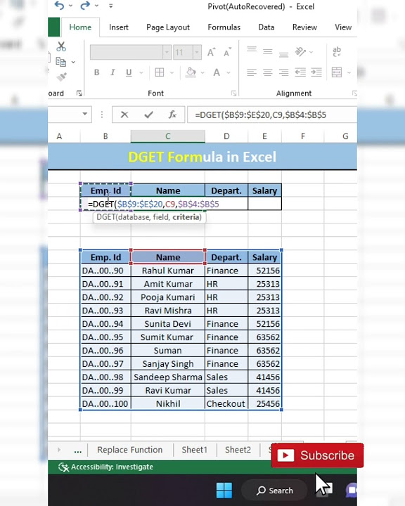 Dget Formula In Excel Shorts Tranding Ytshorts Youtube