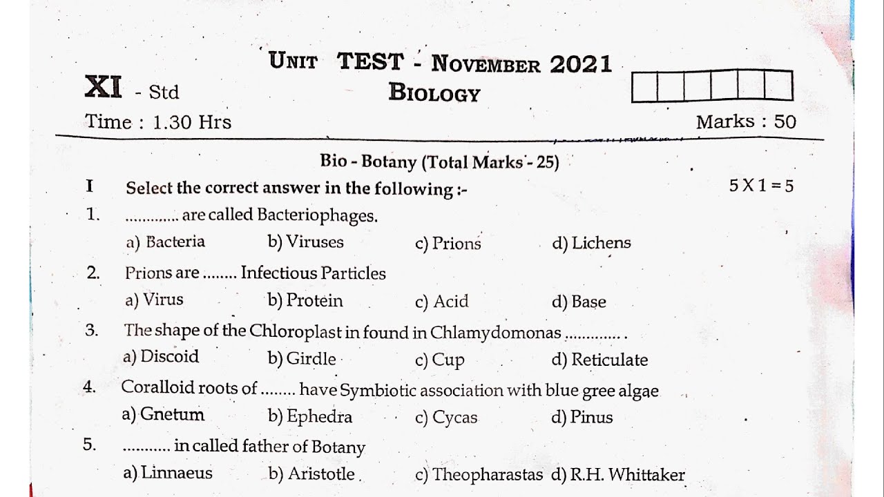 11th Biology Unit Test Question Paper November 2021 Thiruvannamalai ...