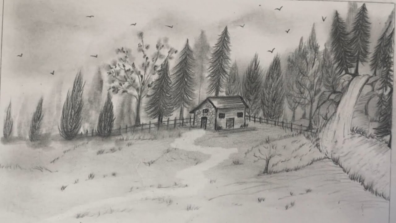 How to draw cottage next to the waterfall |easy drawing |pencil - YouTube