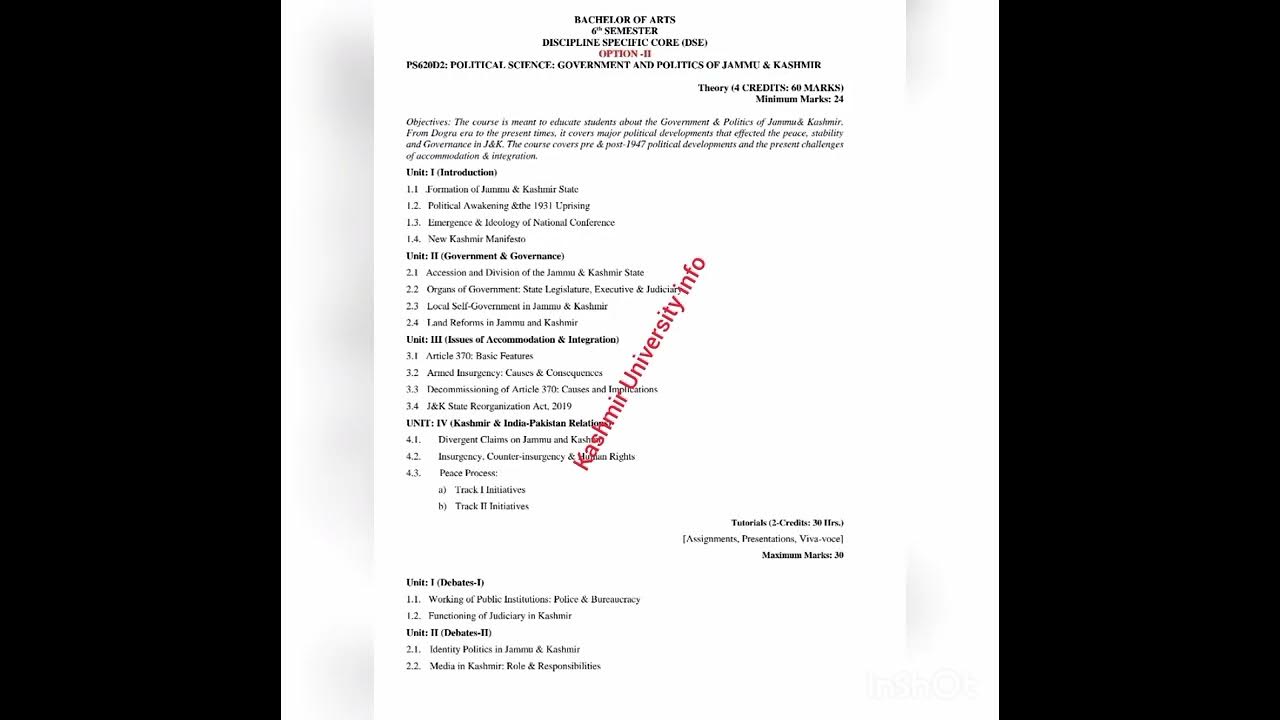 BG 6th semester syllabus political science batch 2020 Kashmir ...