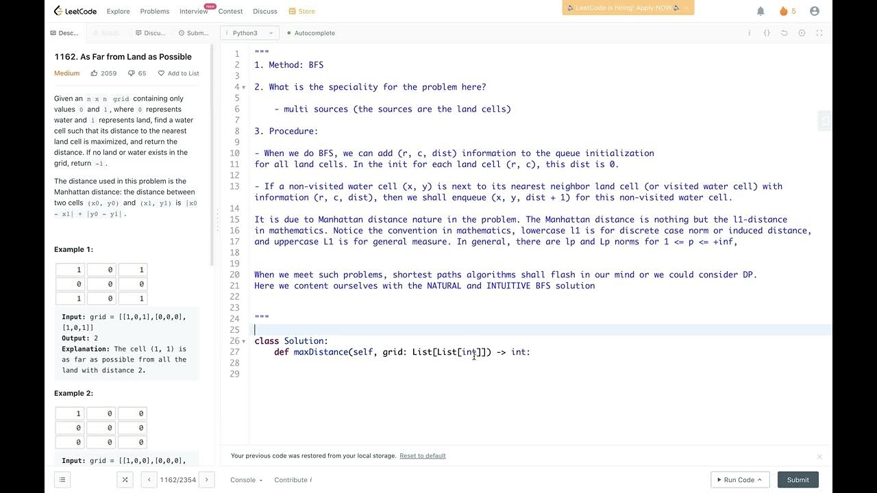 Leetcode 1162. As Far from Land as Possible - multi-source BFS - YouTube