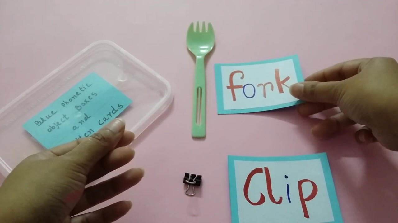 Blue phonetic object box and written card for montessori - YouTube