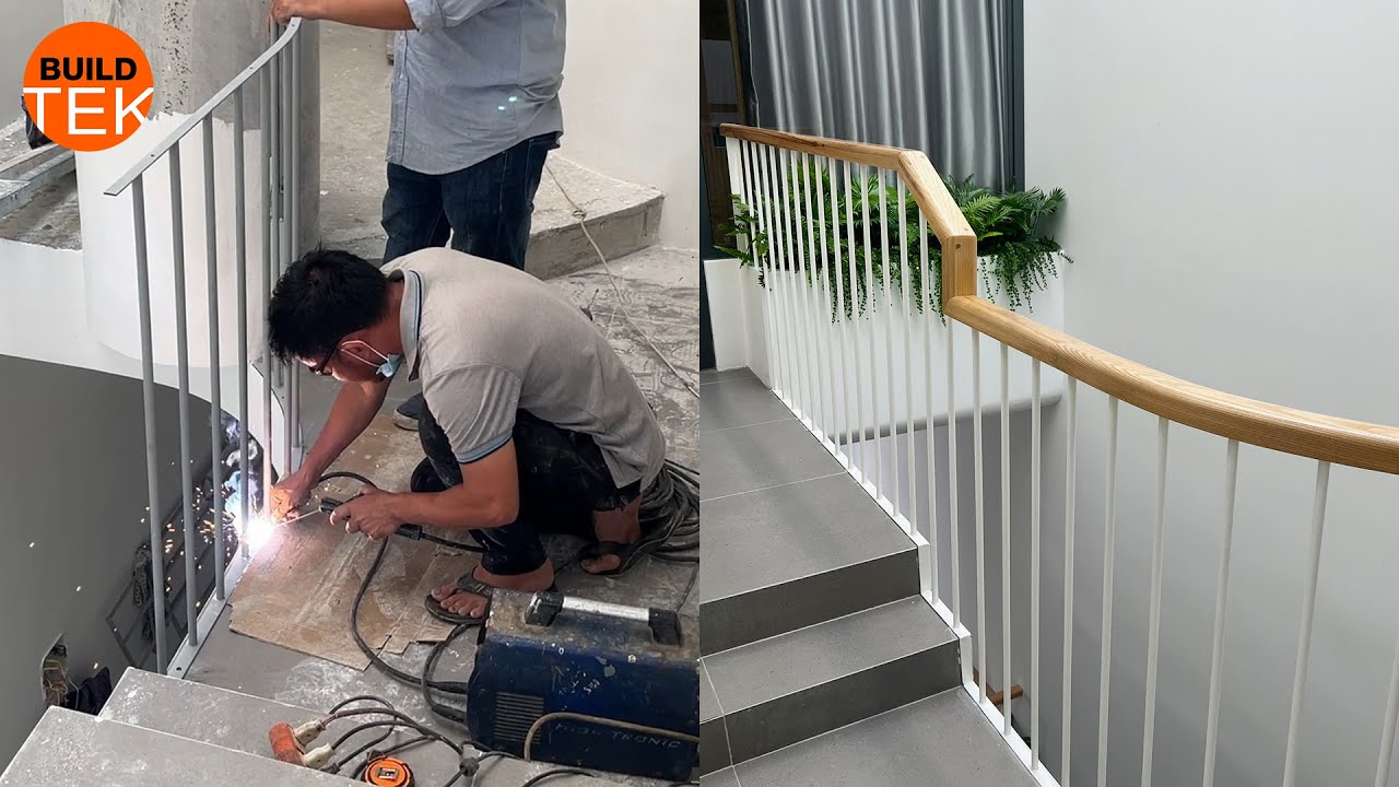 Process of making iron railing with oak handrail - YouTube