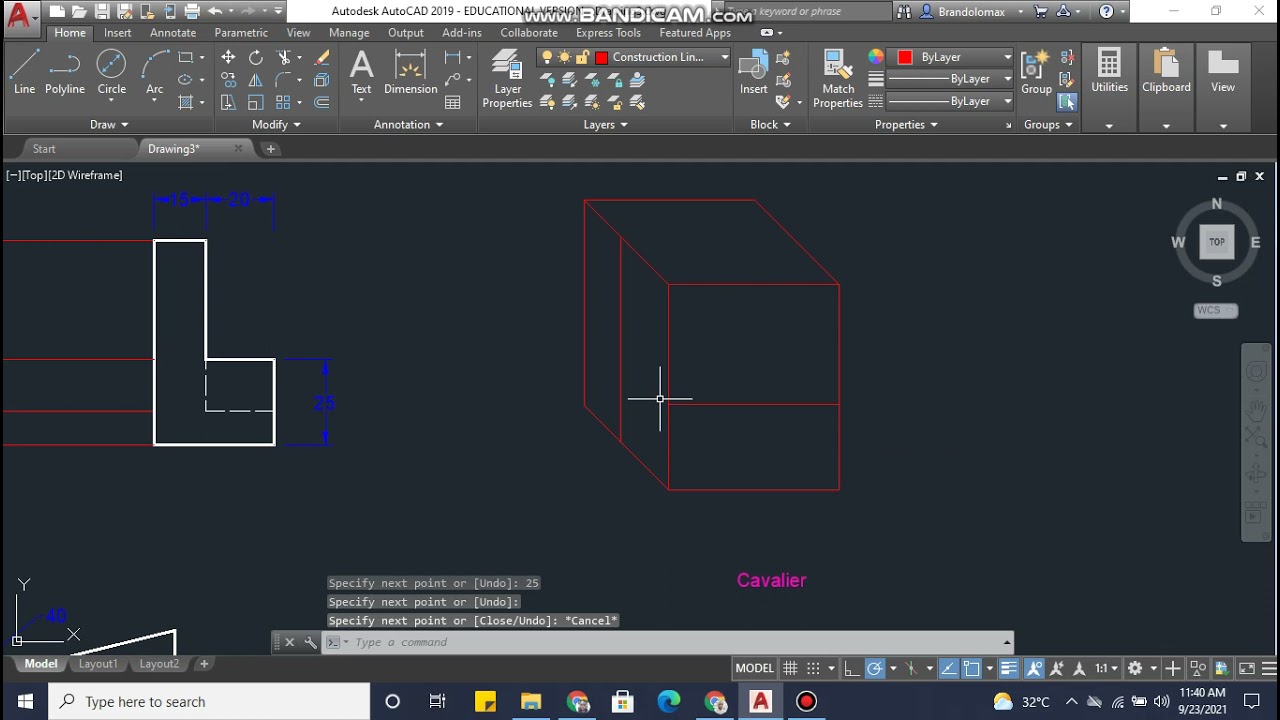 Oblique Drawing -Cavalier AutoCAD - YouTube