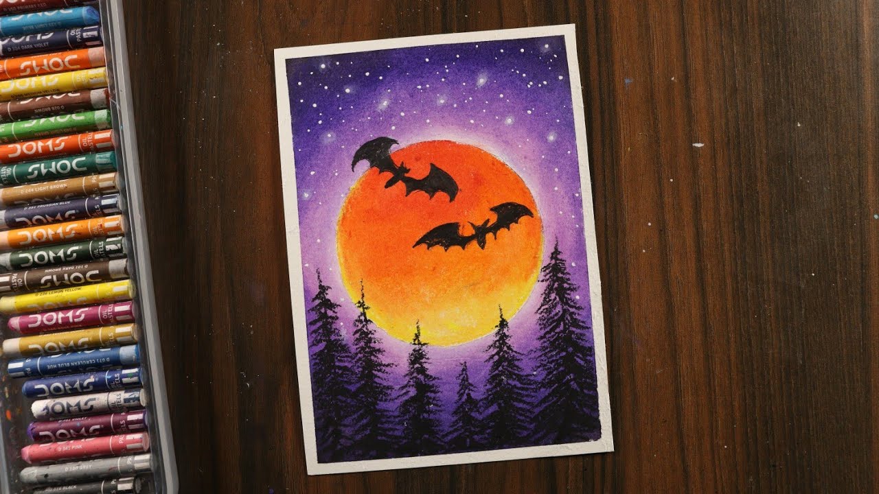 Blood Moon / Easy Drawing with Oil Pastels for Beginners / Step by Step ...