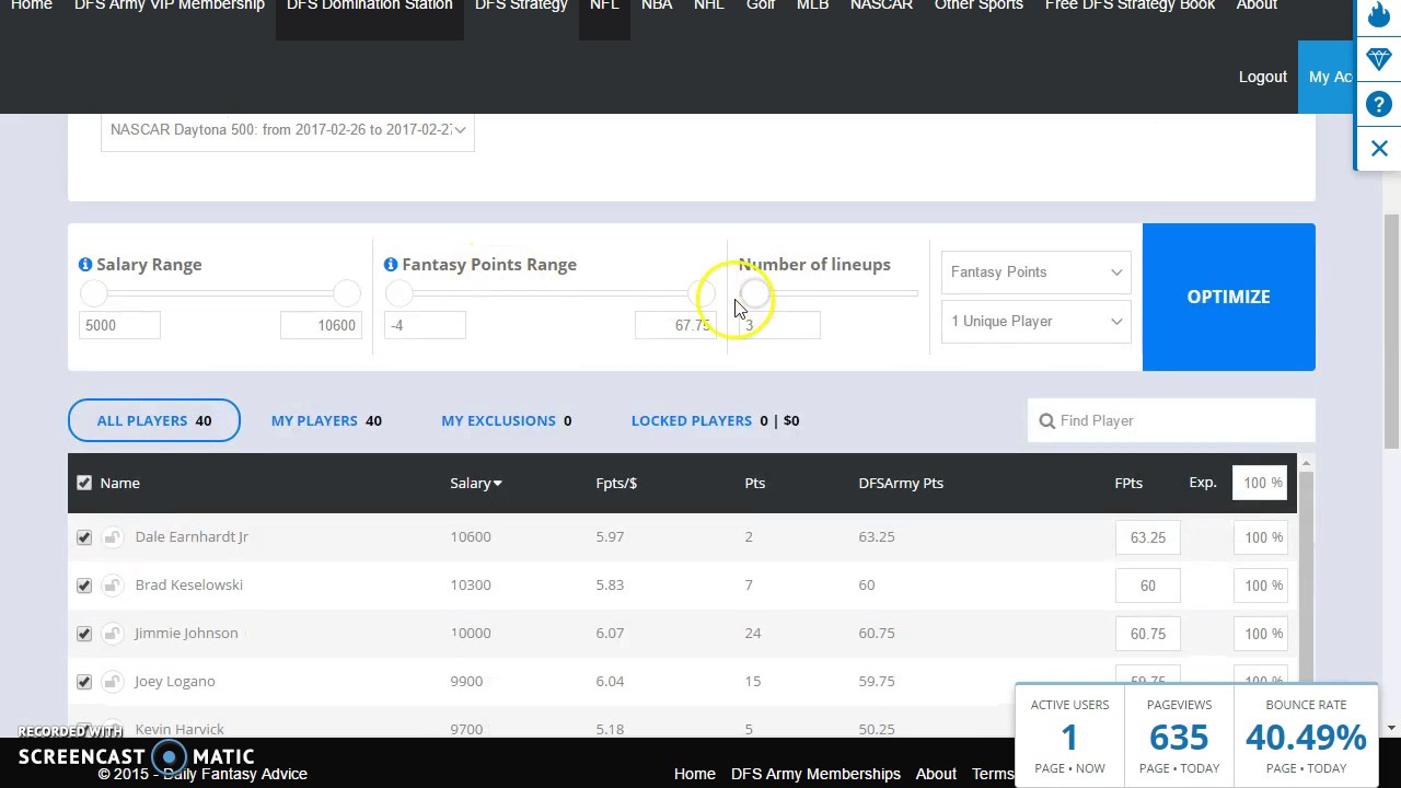 DFS Army Domination Station Optimizer NASCAR Tutorial - YouTube