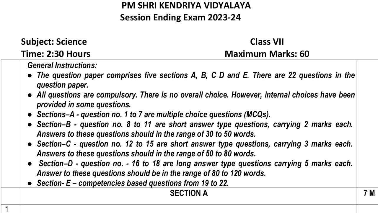 CLASS 7 SCIENCE Annual Exam 2024 Sample Question Paper KV CBSE class-7-science-annual-exam-2024-sample-question-paper-kv-cbse
