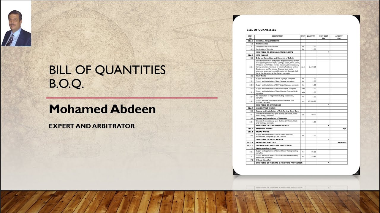 BILL OF QUANTITIES BOQ 1 - YouTube